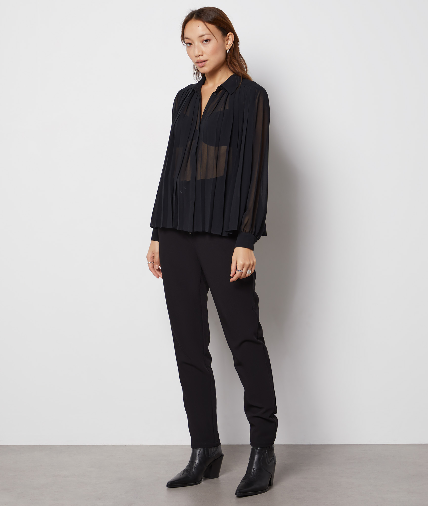 Sheer shirt with pleated details - PAULINE - NOIR - ETAM