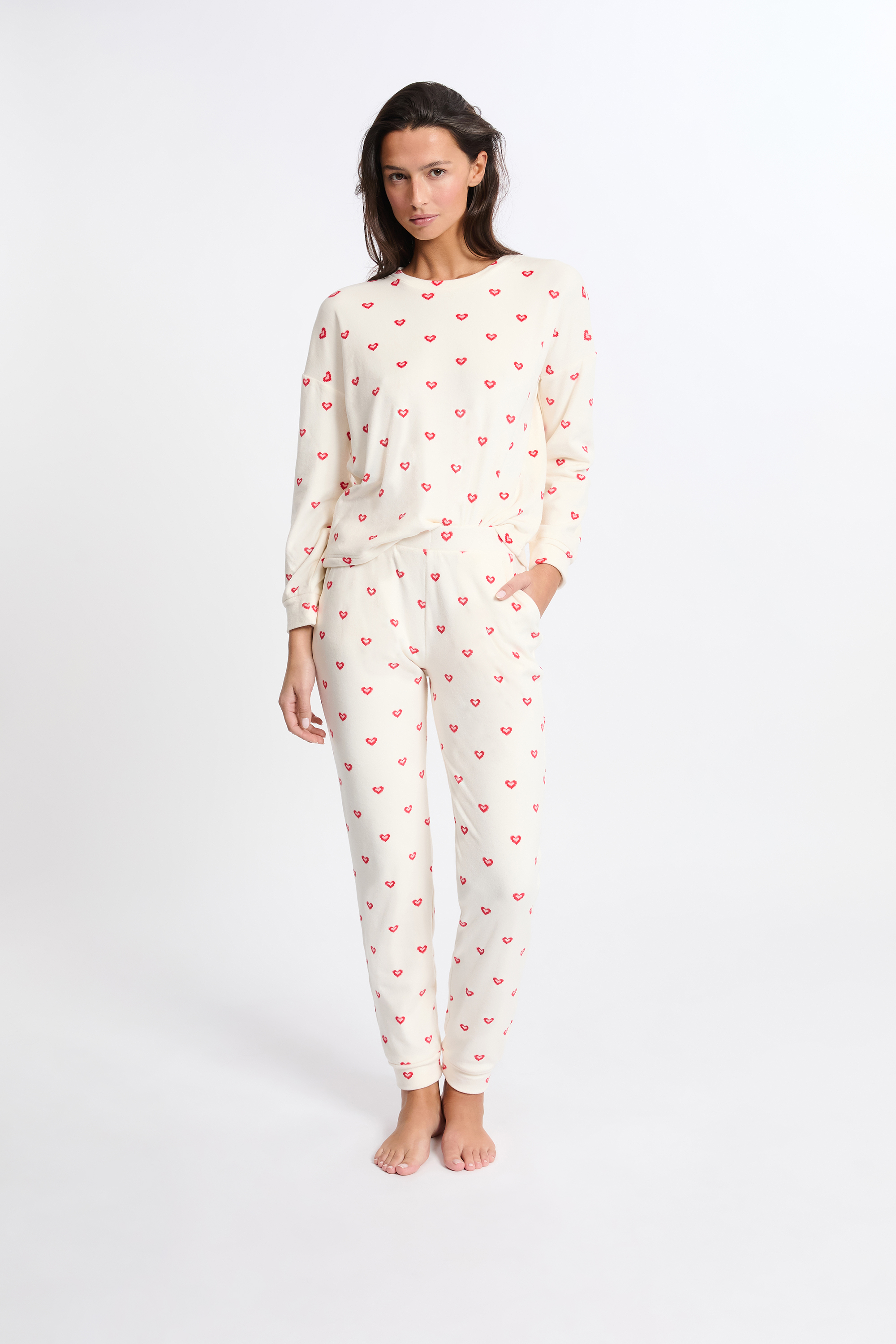 2-Piece Pyjama Set with Heart Print Velvet Effect - MATHILDE - ECRU - ETAM